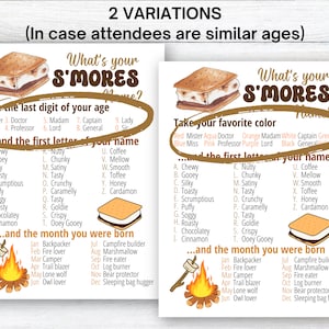 What's Your S'mores Name Game WITH NAMETAGS + SIGN, Smores Party Game ...