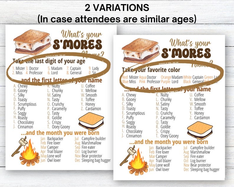 What's Your S'mores Name Game WITH NAMETAGS + SIGN, Smores Party Game ...