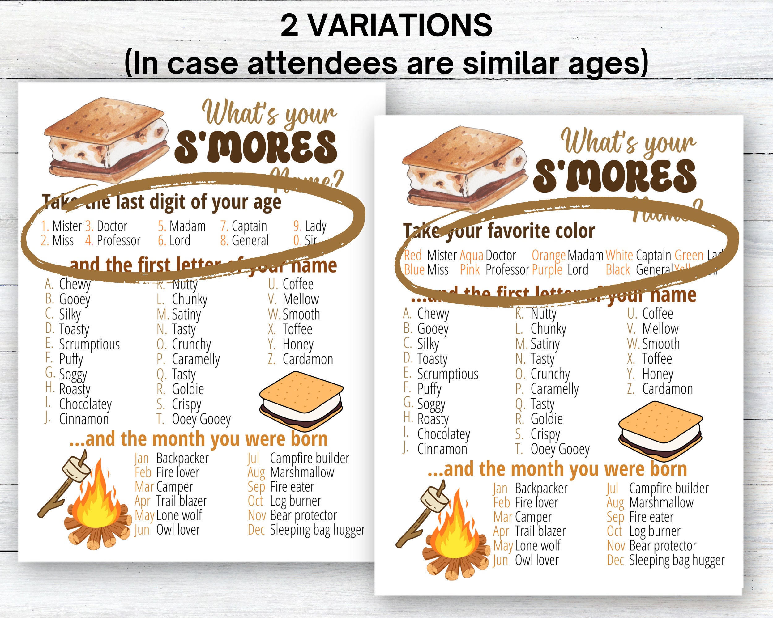 What's Your S'mores Name Game WITH NAMETAGS + SIGN, Smores Party Game ...