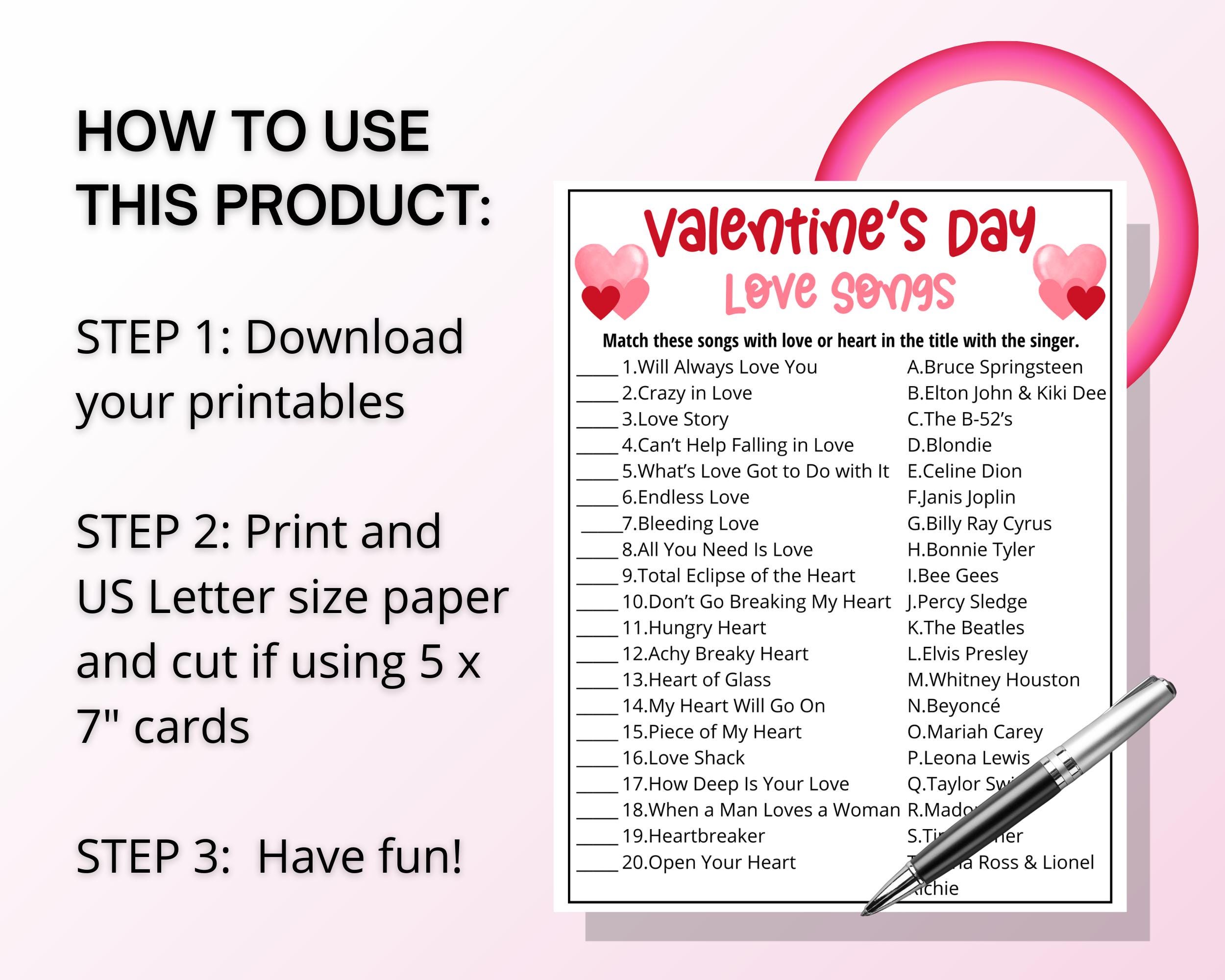 Valentine's Day Love Song Trivia Game, Romantic Music Match, Valentine ...