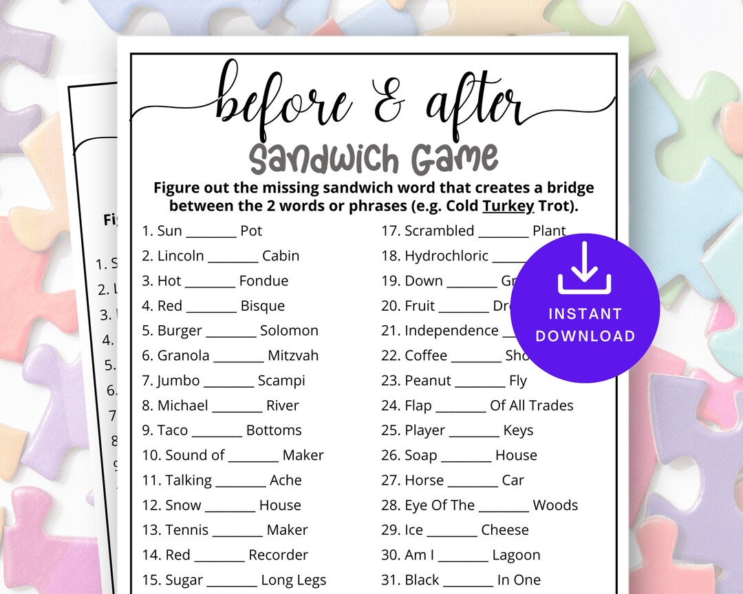 Before and After Sandwich Game,fill in the Blank Word Quiz,printable ...