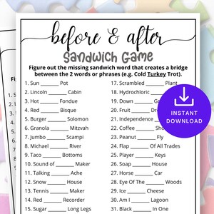 Before and After Sandwich Game,fill in the Blank Word Quiz,printable ...