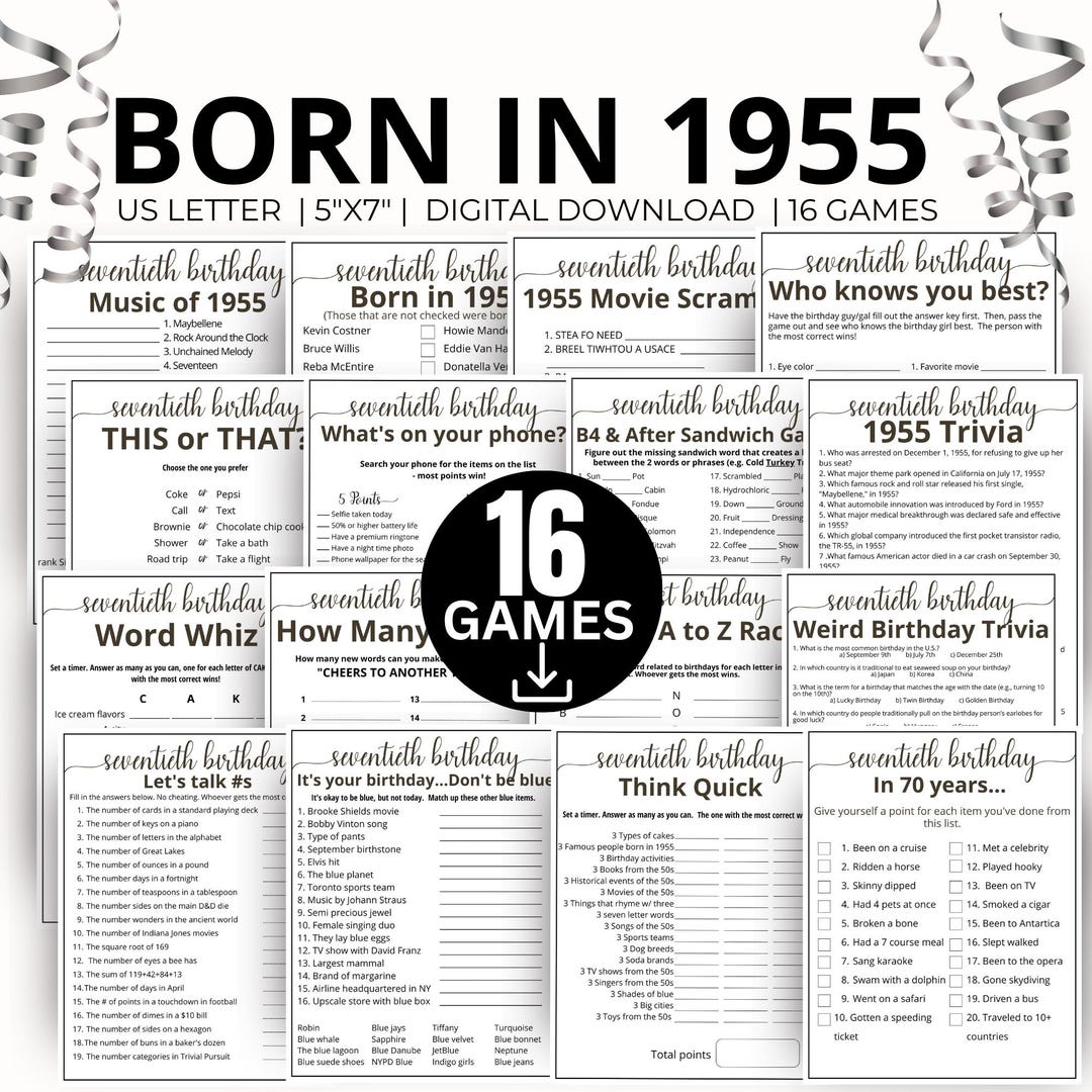 70th Birthday Party Games, Born in 1955 Game, 1955 Birthday Games, 70th ...