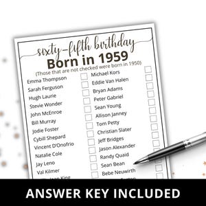 1959 Trivia Game, 65th Birthday Party Games, Born in 1959 Game, 1959 ...