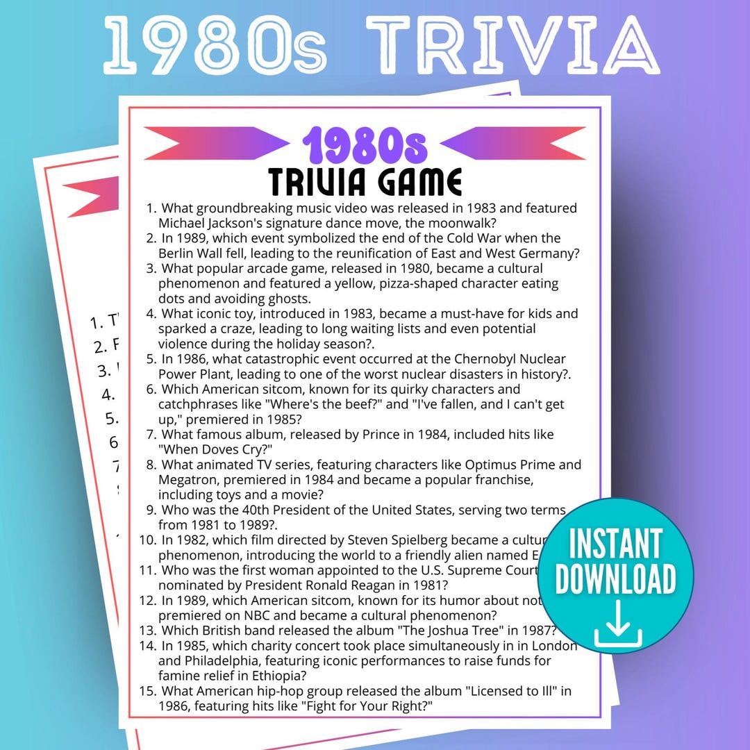 1980s Decade Trivia Game, Trivia Questions, 80s Trivia Quiz, 1980s ...