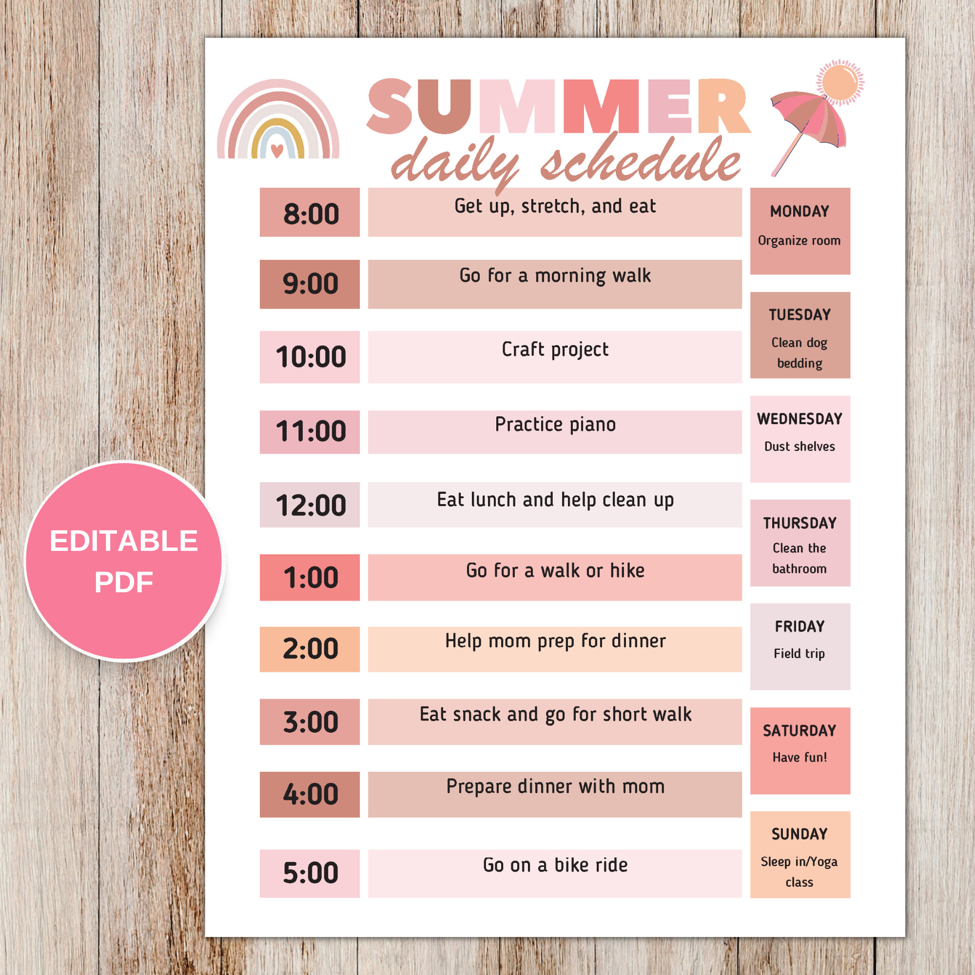 Summer Daily Schedule, Daily Routine Editable PDF - Etsy