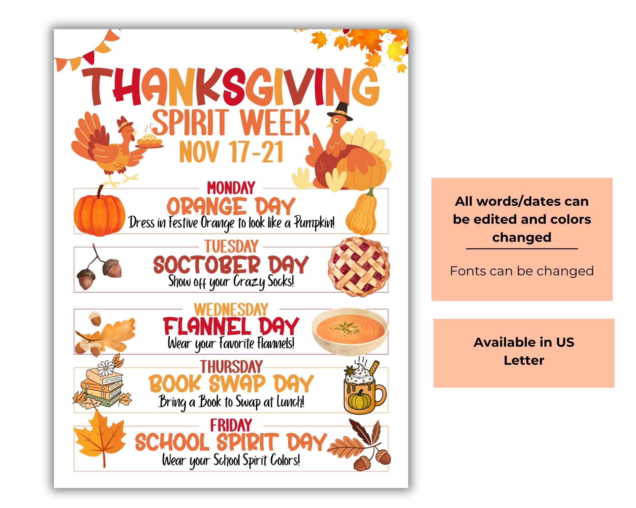 Customizable Thanksgiving School Spirit Week Flyer, PTO PTA Schedule ...