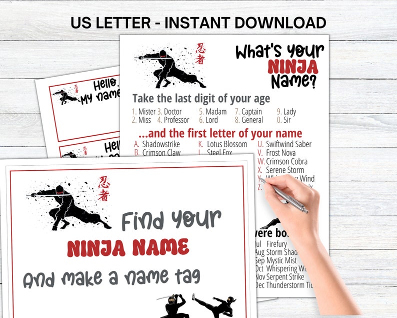 What's Your Ninja Name Game WITH NAMETAGS + SIGN, Ninja Theme Party ...