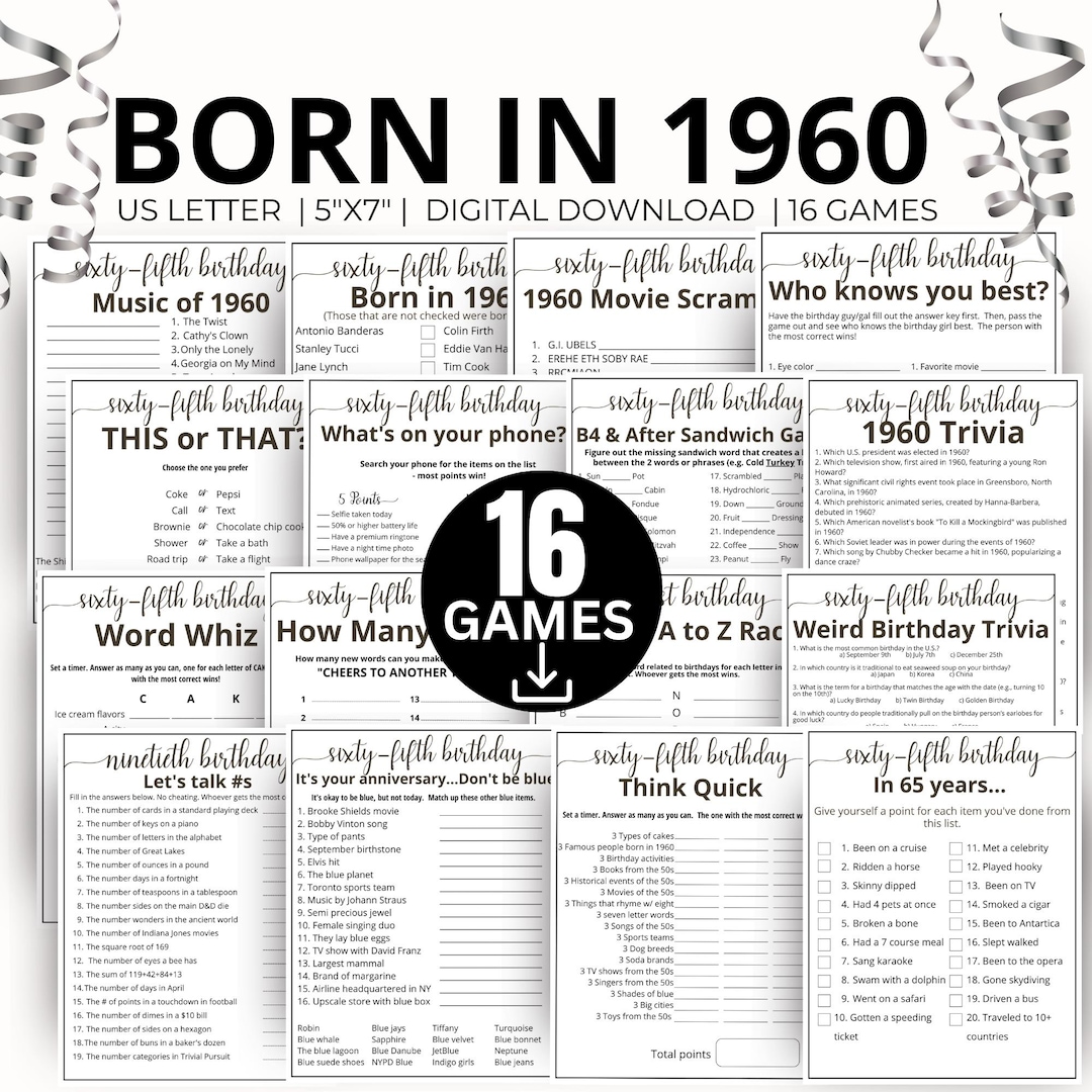 65th Birthday Party Games, Born in 1960 Game, 1960 Birthday Games, 65th ...