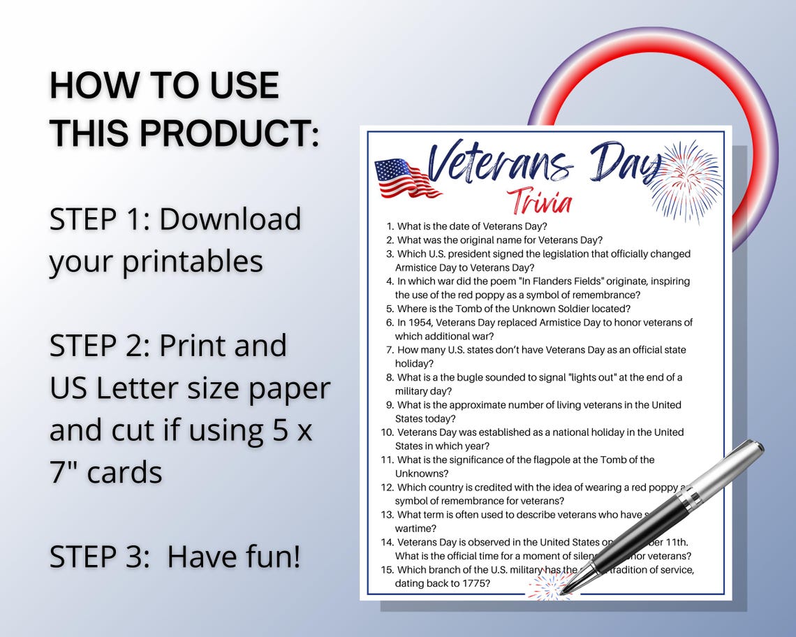 Veterans Day Trivia, Veterans Day Trivia Game, President's Day Trivia ...