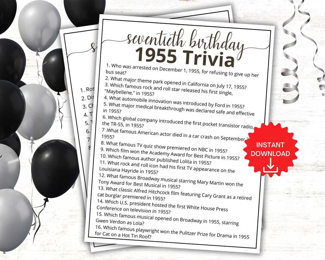 1955 Trivia Game, 70th Birthday Party Games, Born in 1955 Game, 1955 ...