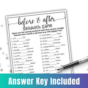 Before and After Sandwich Game,fill in the Blank Word Quiz,printable ...
