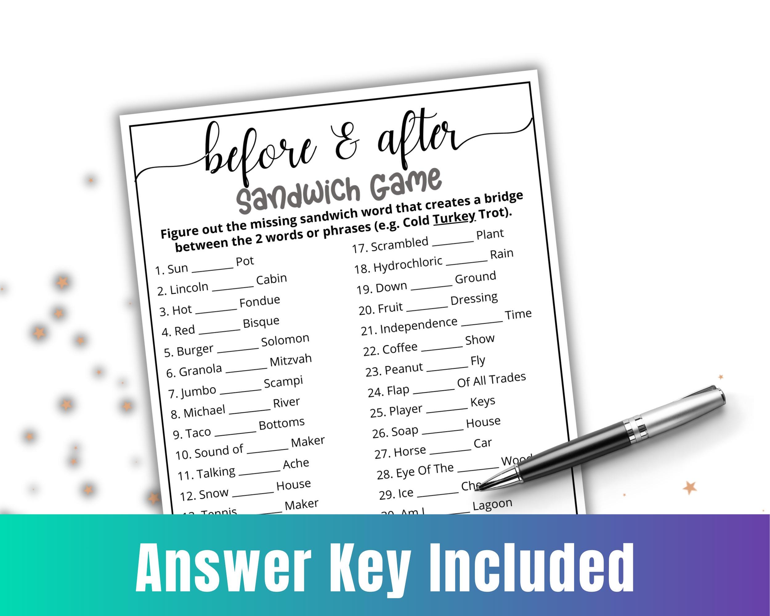 Before and After Sandwich Game,fill in the Blank Word Quiz,printable ...