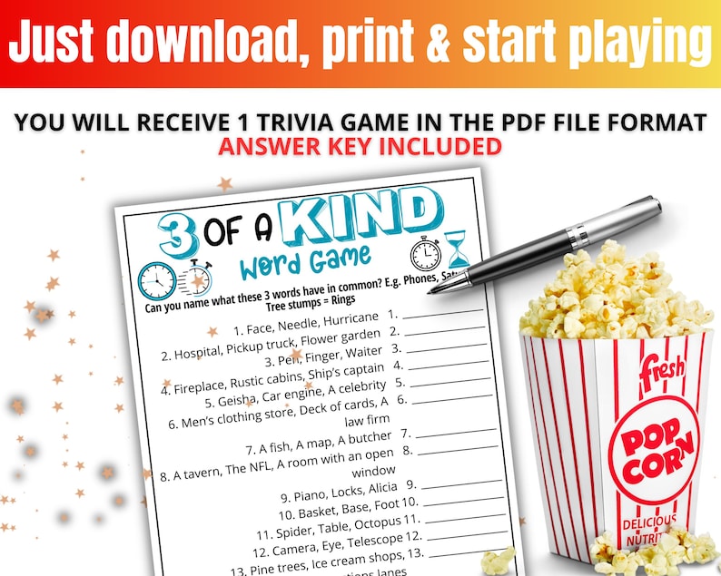 Pop Culture Trivia Game, 3 of a Kind Word Quiz,printable Game for Kids ...