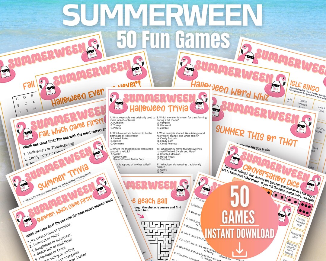 Summerween Trivia Game Bundle, Printable Summer Halloween Game for Kids ...