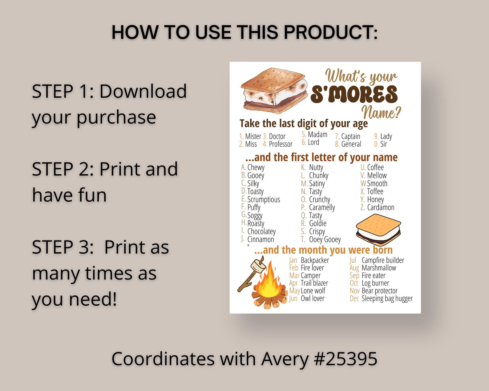 What's Your S'mores Name Game WITH NAMETAGS + SIGN, Smores Party Game ...
