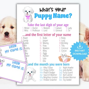 What's Your Puppy Name Game WITH NAMETAGS + SIGN, Puppy Party Game, Dog ...