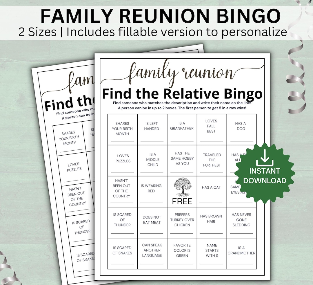 Editable Family Reunion Bingo Game, Find the Relative Bingo Game, Best ...