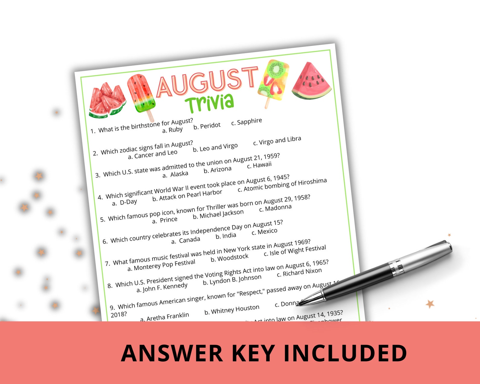 August Trivia Game, Summer Monthly Trivia Game, Summer Party Game ...