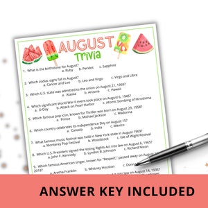 August Trivia Game, Summer Monthly Trivia Game, Summer Party Game ...