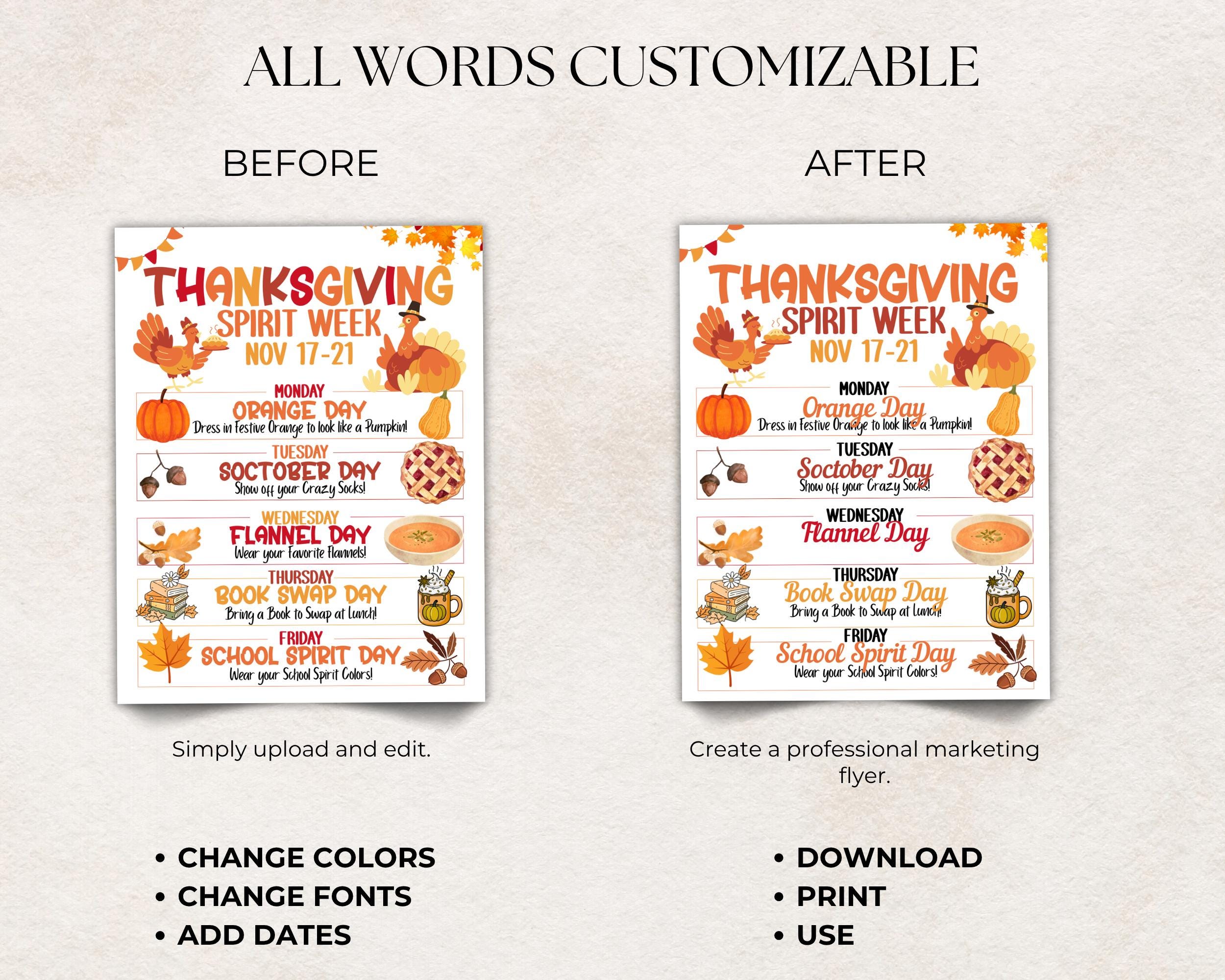 Customizable Thanksgiving School Spirit Week Flyer, PTO PTA Schedule ...