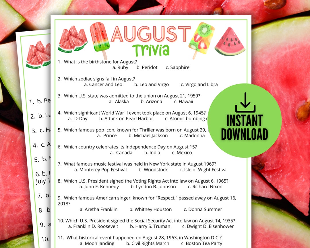 August Trivia Game, Summer Monthly Trivia Game, Summer Party Game ...