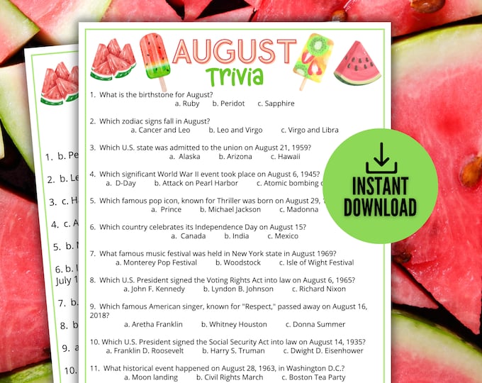 August Trivia Game, Summer Monthly Trivia Game, Summer Party Game ...