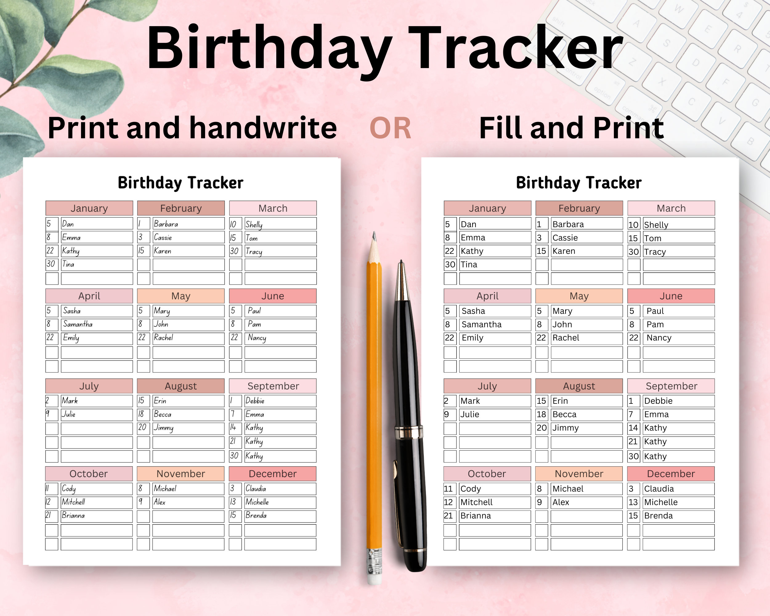 Editable Birthday Tracker, Printable Birthday List,birthday Chart ...