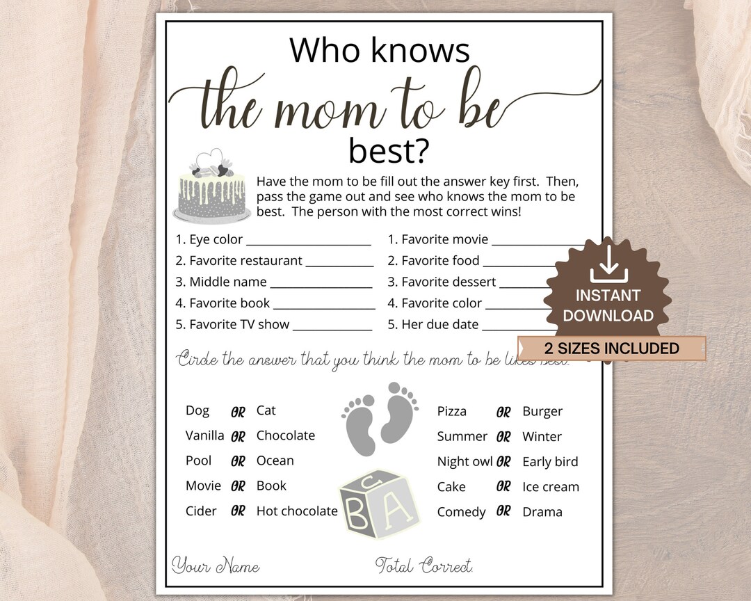 Who Knows the Mom to Be Best, Printable Baby Shower Game, Who Knows ...