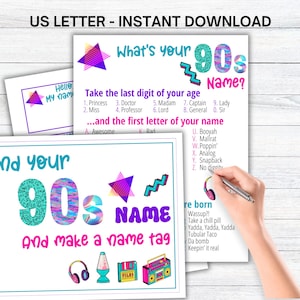 What's Your 90s Name Game WITH NAMETAGS + SIGN, Nineties Party Game ...