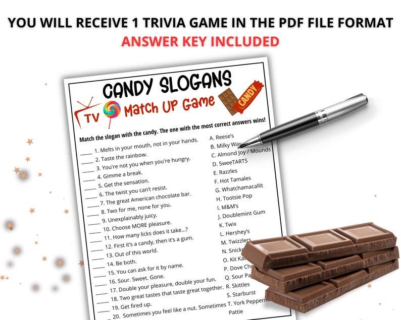 Candy Slogan Trivia Game, Ad Slogan Match up Quiz, Printable TV ...
