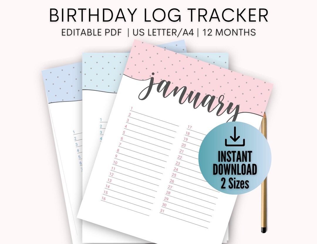 Editable Birthday Tracker, Birthday Reminder, Birthday Log, Printable ...