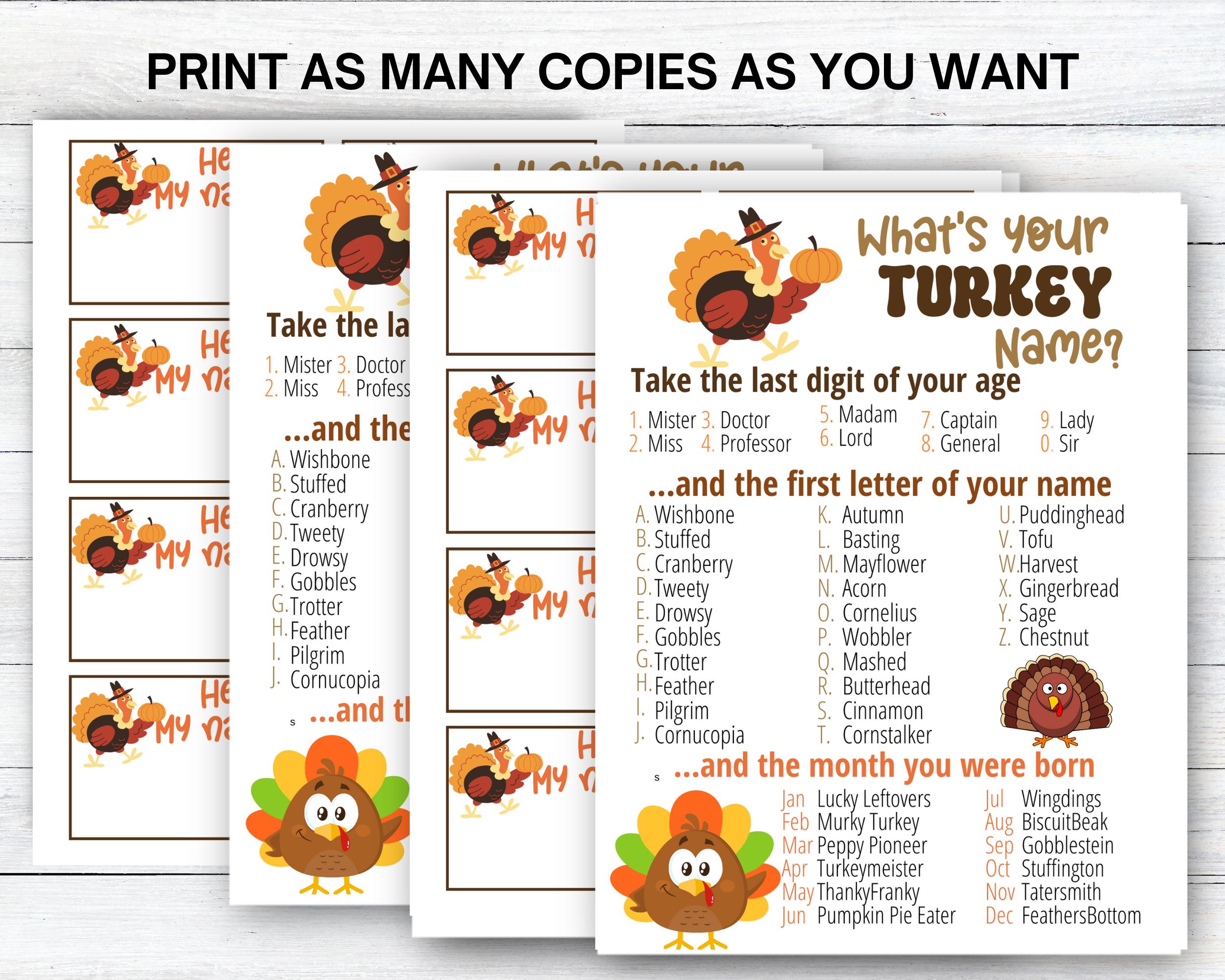 What's Your Turkey Name Game WITH NAMETAGS + SIGN, Thanksgiving Game ...