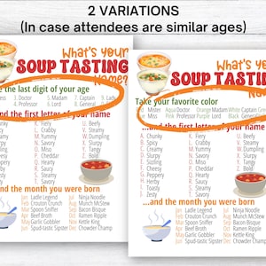What's Your Soup Tasting Name Game WITH NAMETAGS + SIGN, Comfort Food ...