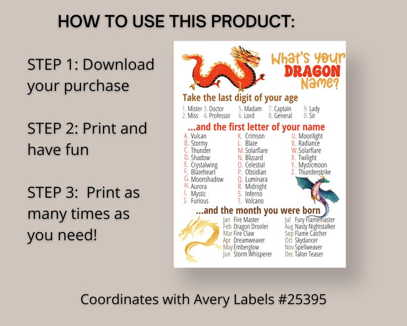 What's Your Dragon Name Game WITH NAMETAGS + Sign,dragon Theme Party ...