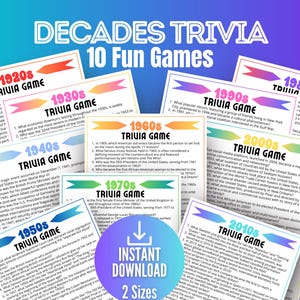 Decades Trivia Game Bundle, Trivia Questions 20s, 30s, 40s, 50s, 60s ...