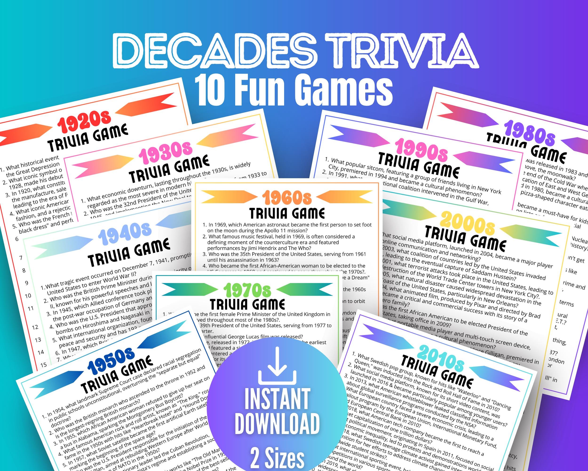 Decades Trivia Game Bundle, Trivia Questions 20s, 30s, 40s, 50s, 60s ...