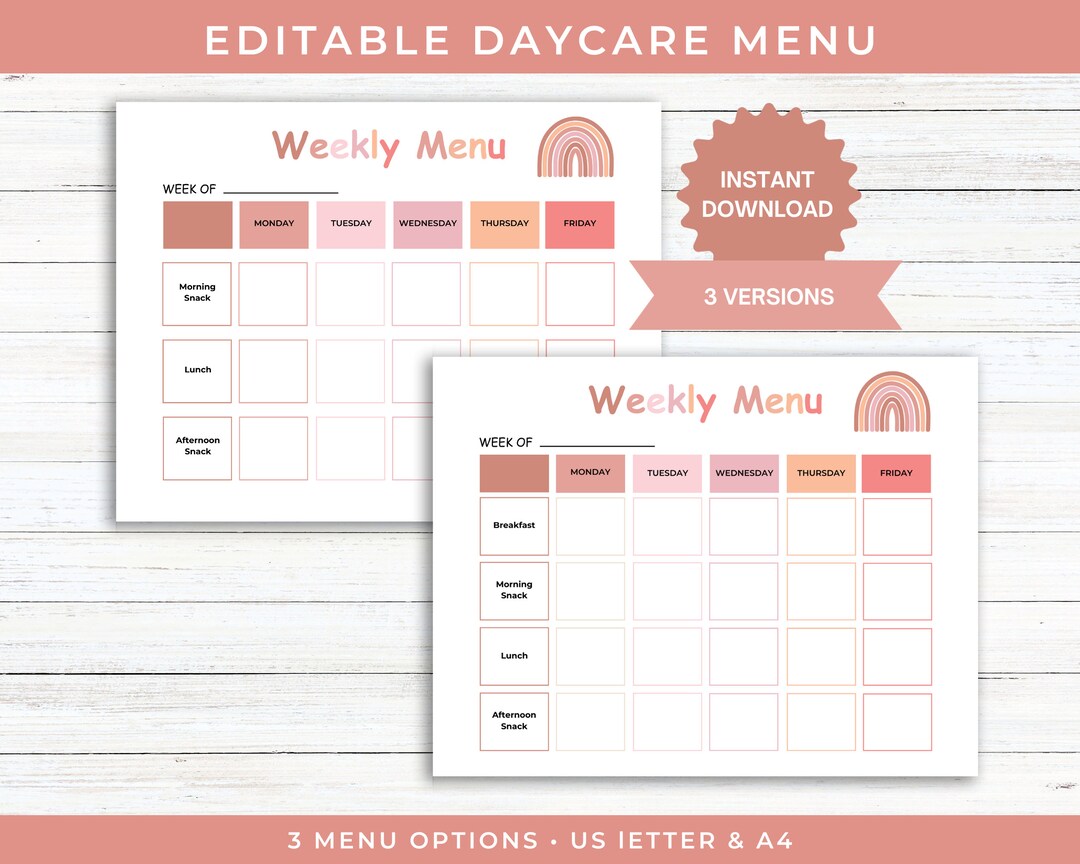 Daycare Weekly Menu Printable, Daycare Meal Menu, Editable Menu ...
