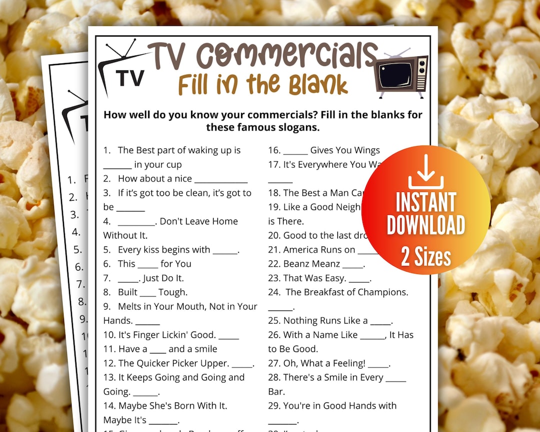 TV Commercial Trivia Game, Ad Slogan Fill in the Blank Quiz, Printable ...
