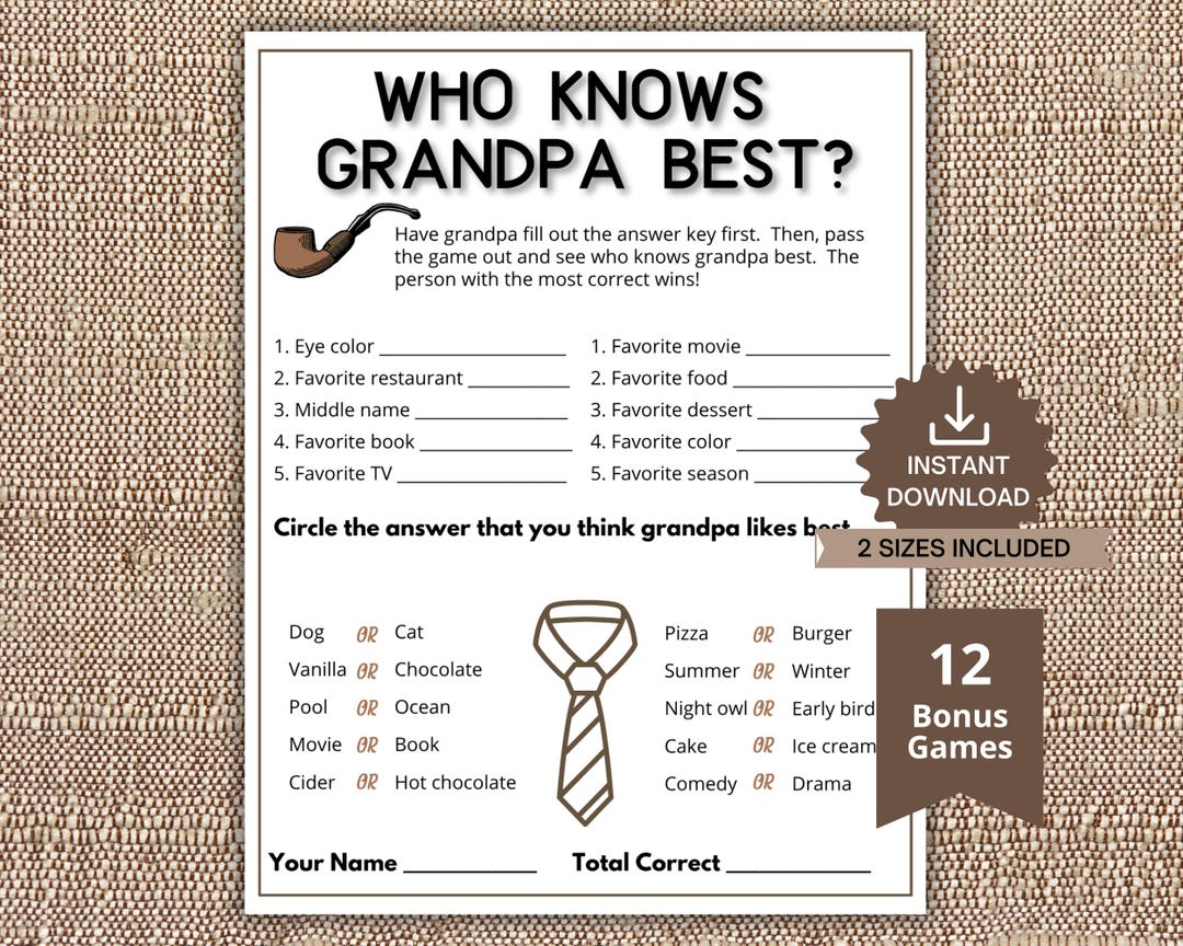 Who Knows Grandpa Best Game, Printable Father's Day Game, Grandparents ...