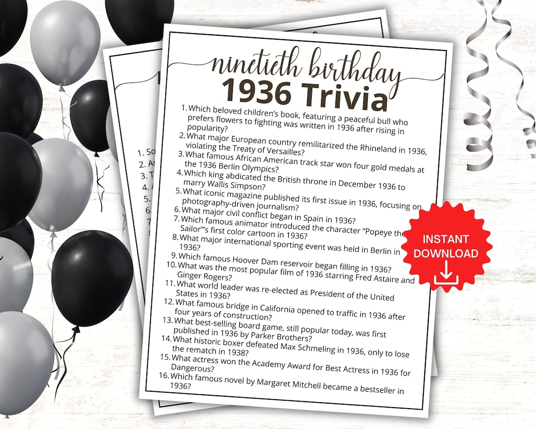 1936 Trivia Game, 90th Birthday Party Games, Born in 1936 Game, 1935 ...