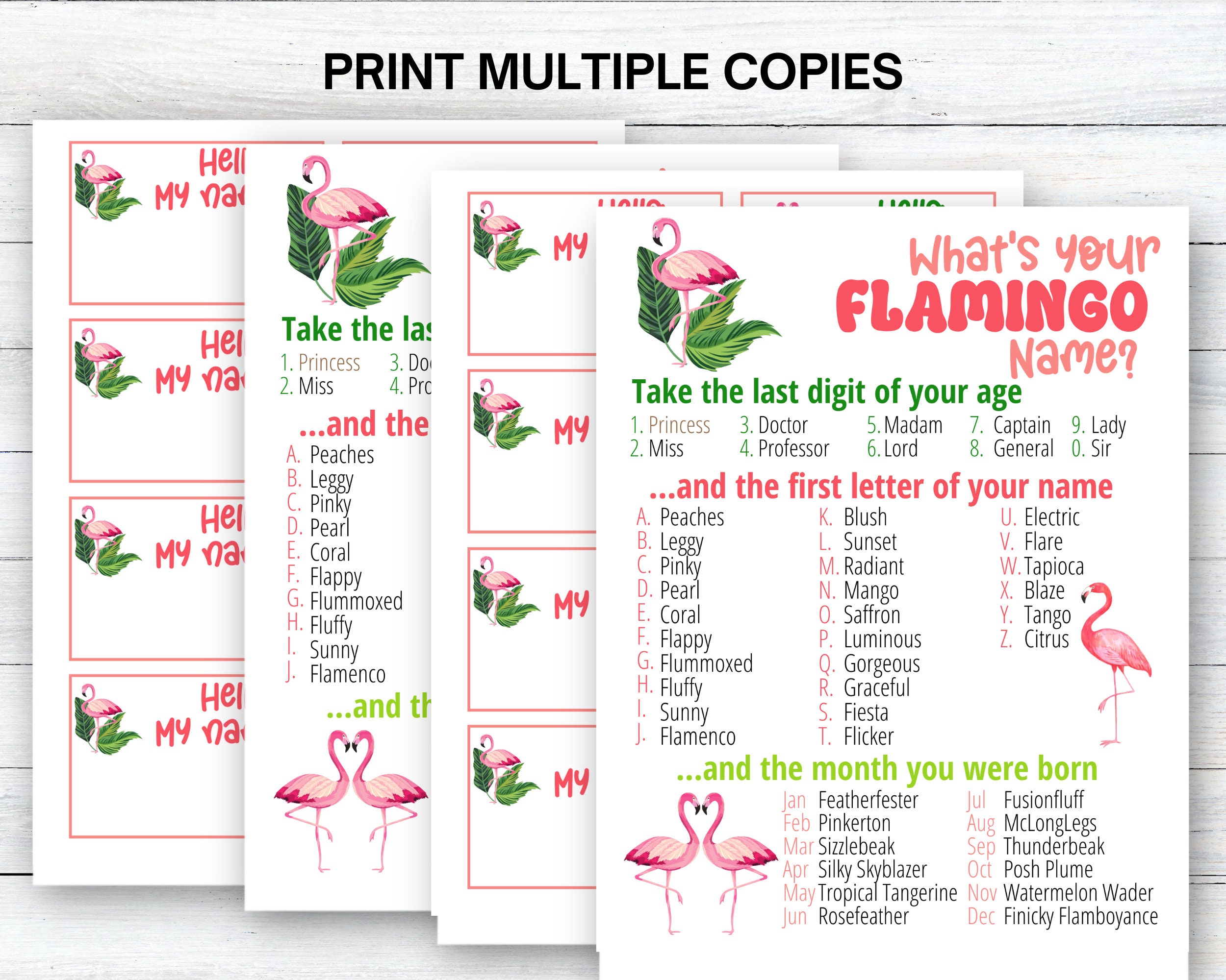 What's Your Flamingo Name Game WITH NAMETAGS + SIGN, Flamingo Baby ...