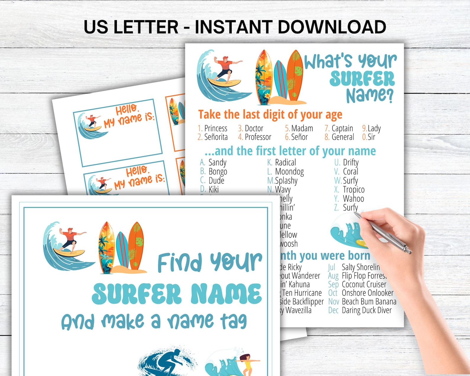 What's Your Surfer Name Game WITH NAMETAGS + Sign,beach Vacation Party ...