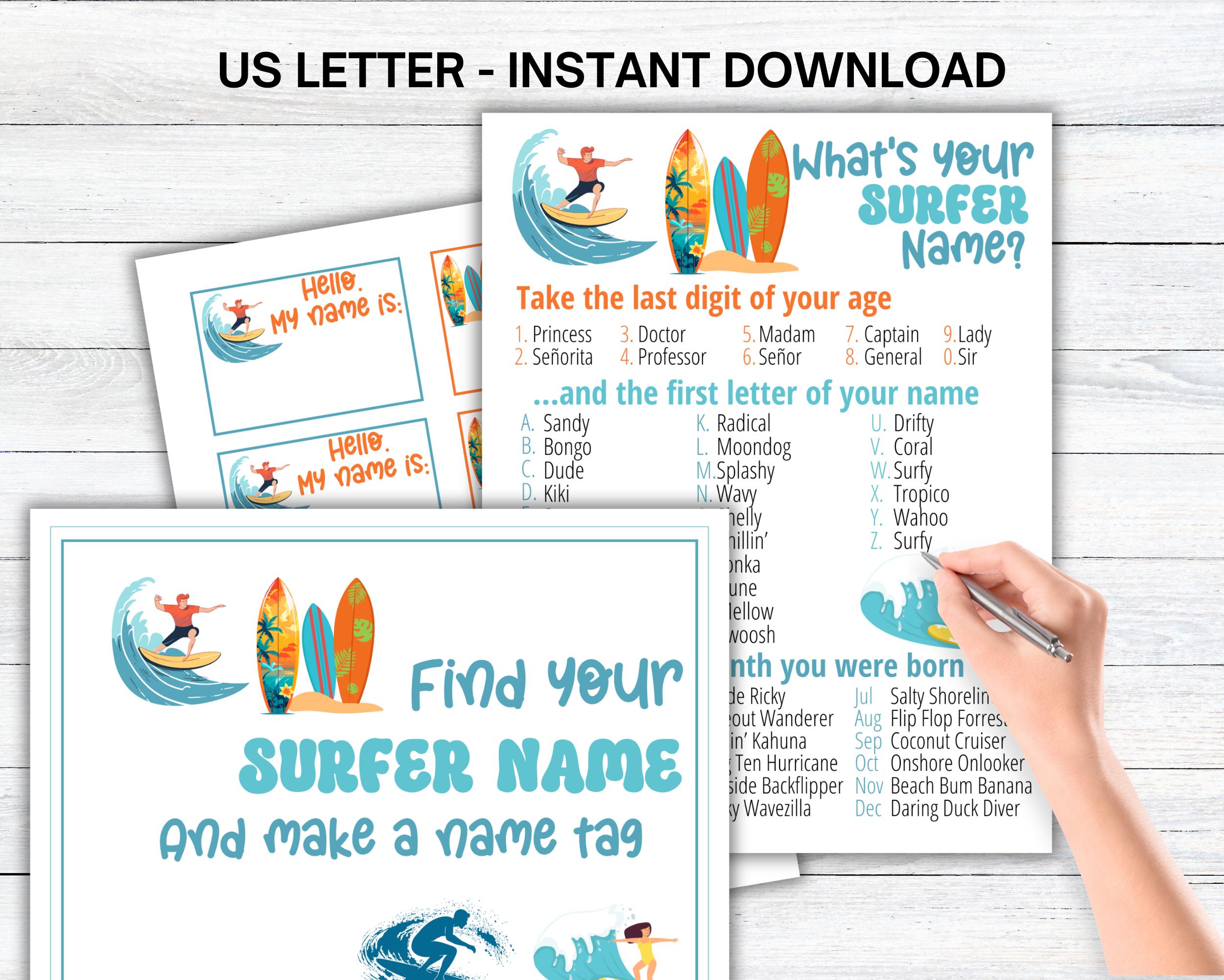 What's Your Surfer Name Game WITH NAMETAGS + Sign,beach Vacation Party ...