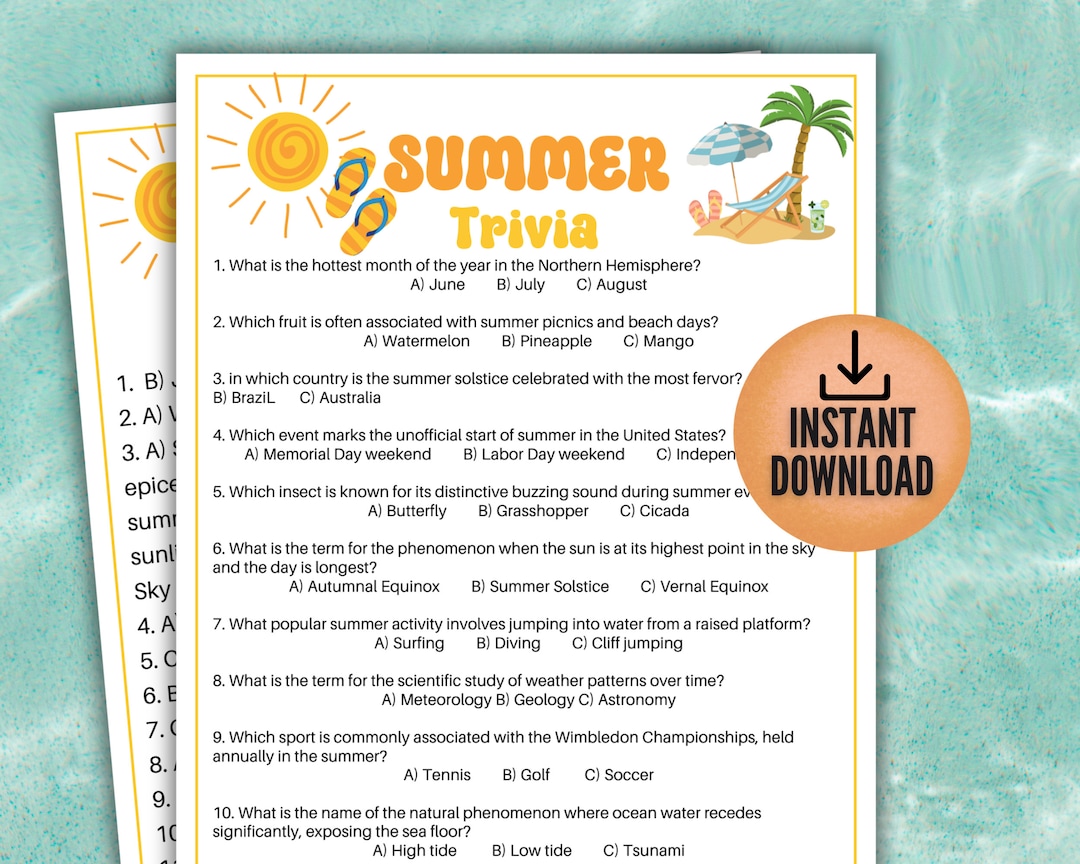 Summer Trivia Game, Summer Solstice Holiday Game, Summer Party Game ...