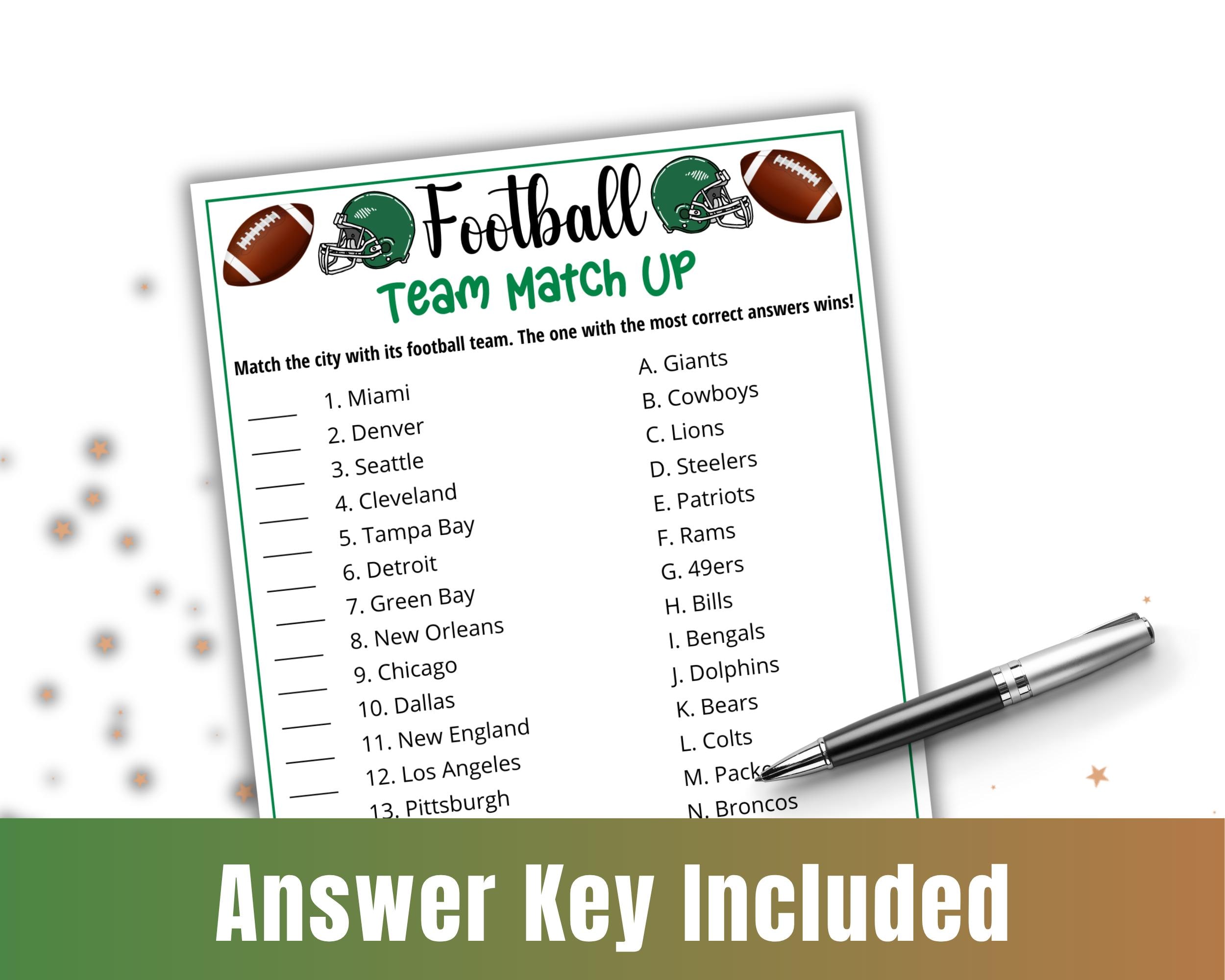 Football Team Match up Game, Football Trivia, Fall Winter Sports Teams ...