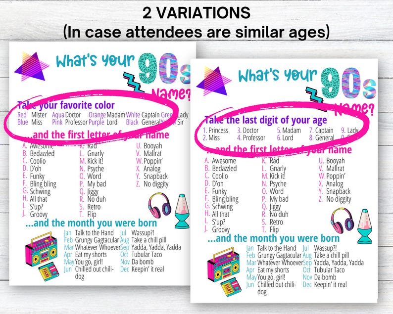 What's Your 90s Name Game WITH NAMETAGS + SIGN, Nineties Party Game ...