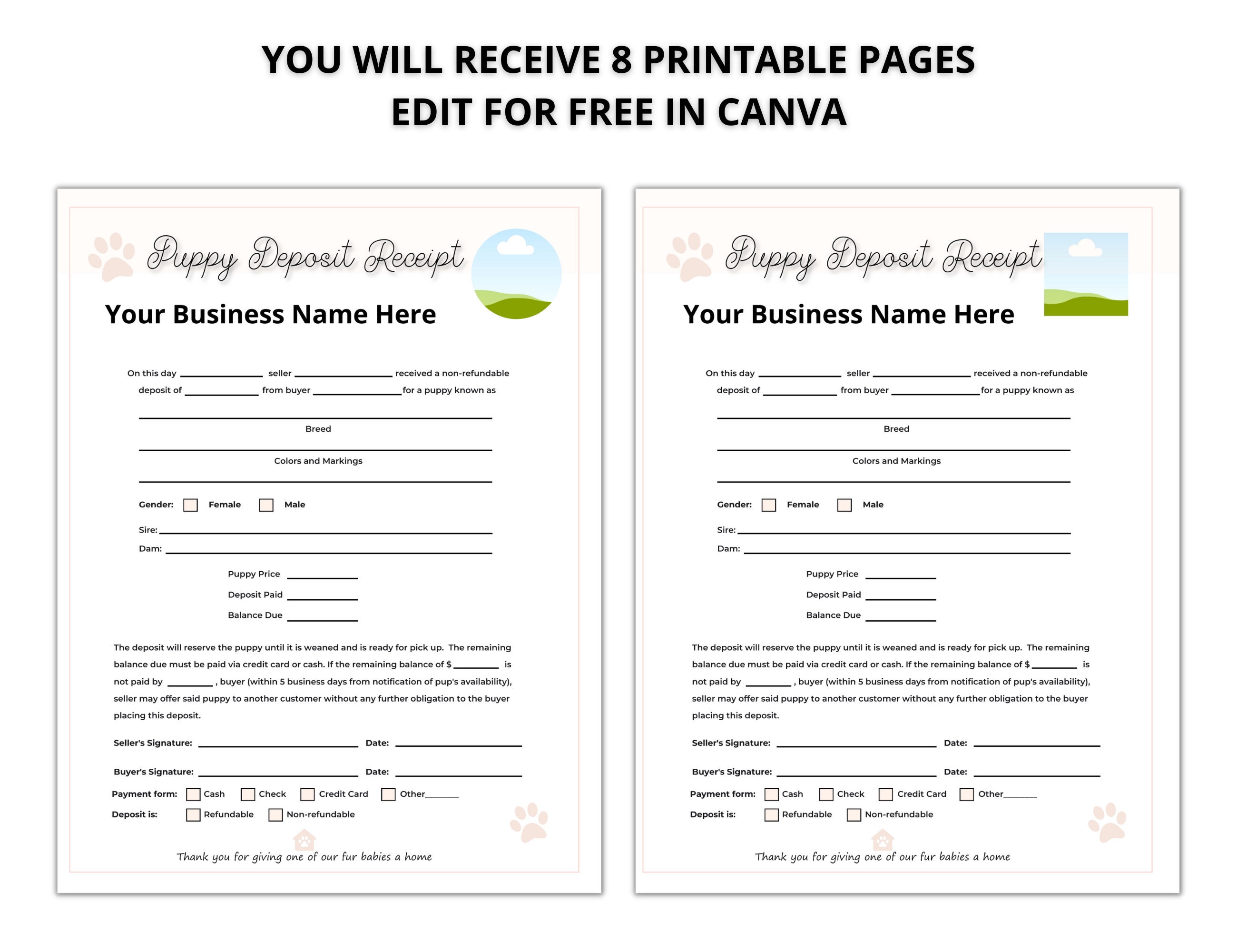 Editable Puppy Deposit Receipt, Dog Breeder Records, Dog Breeder Forms ...