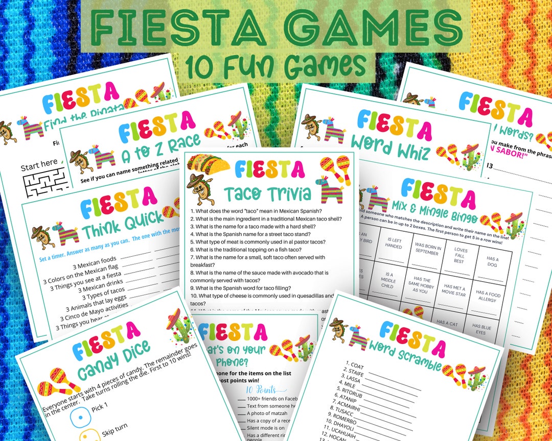 Fiesta Trivia Game Bundle, 10 Mexican Taco Fiesta Games, Quinceañera ...