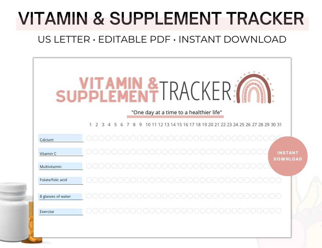 Editable Vitamin and Supplement Tracker, Fillable Daily Vitamin Tracker ...